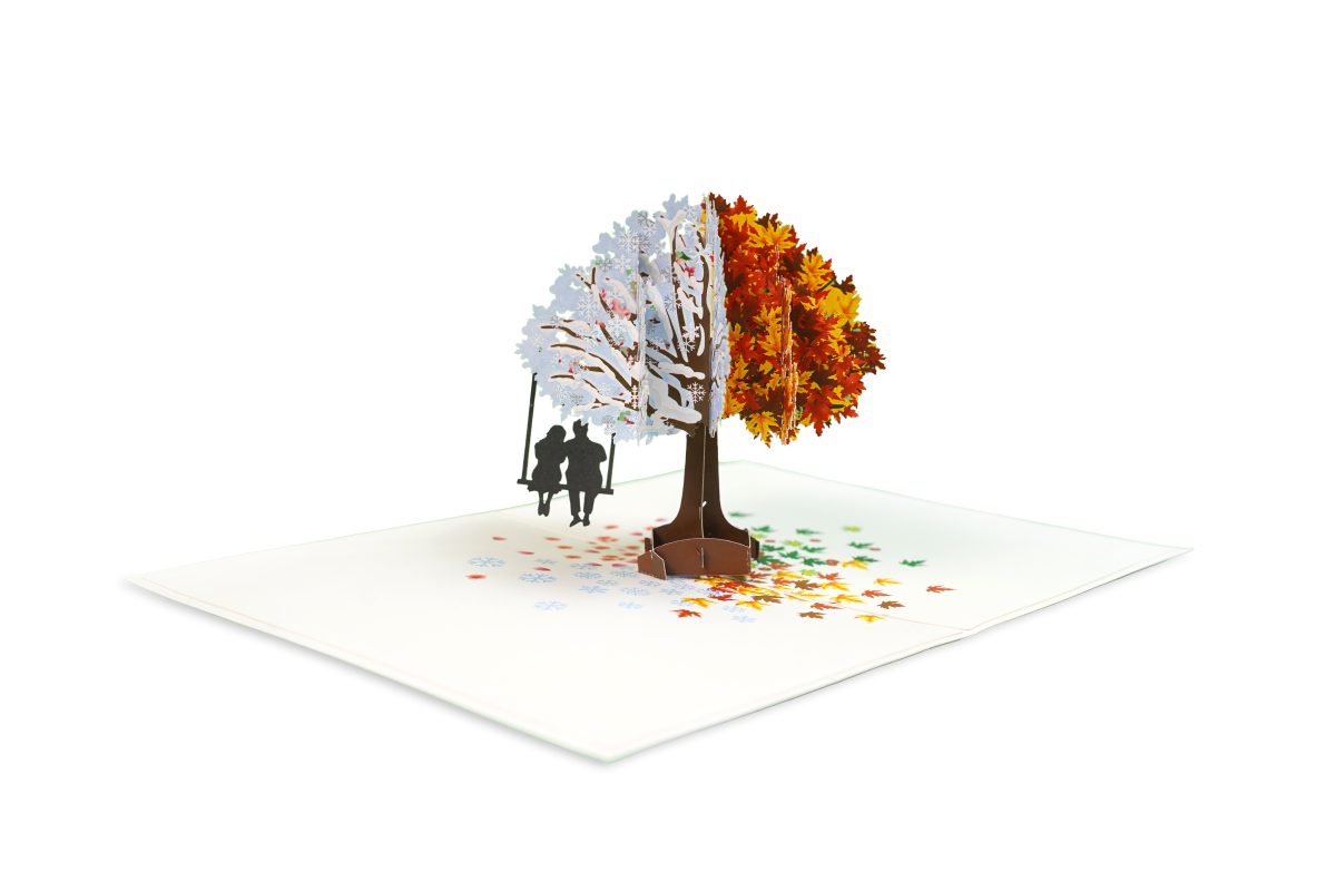 4-Season Tree and a Couple in the Swing Pop-Up Card - Kiricard